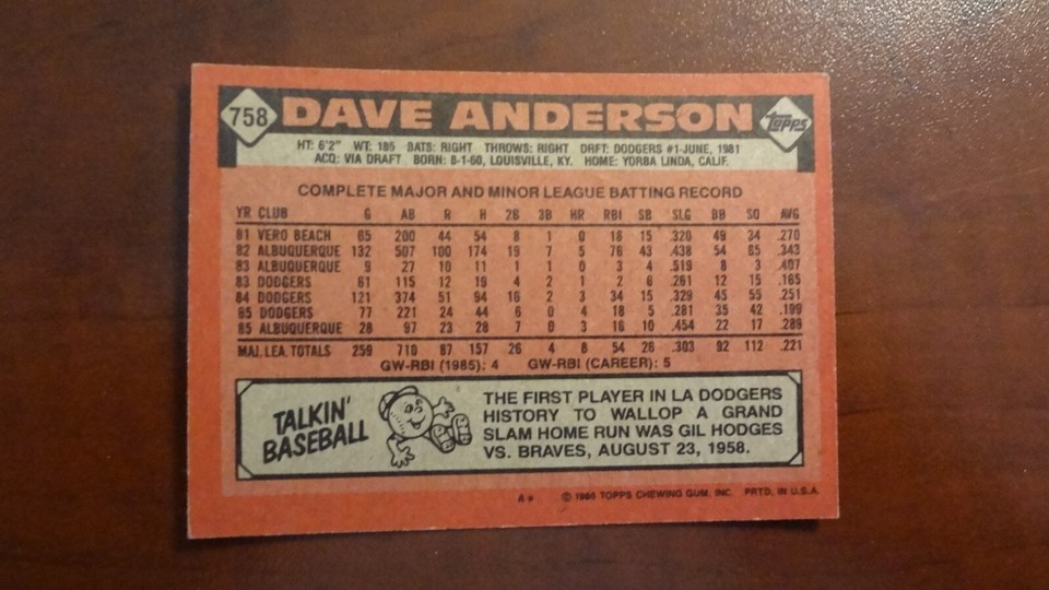 1986 TOPPS # 758 DAVE ANDERSON BASEBALL CARD | eBay