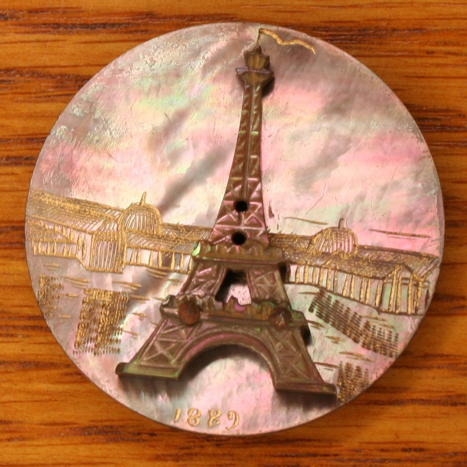 Large Antique Carved Pearl Picture Button, Paris 1889 Eiffel Tower, 1-3 ...