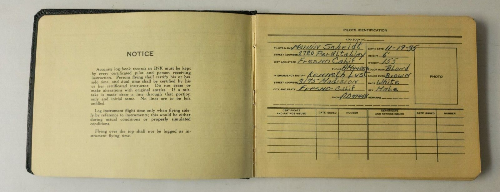 Vintage Pilot Flight Log Book Airplane Flying Time - California 1930's ...