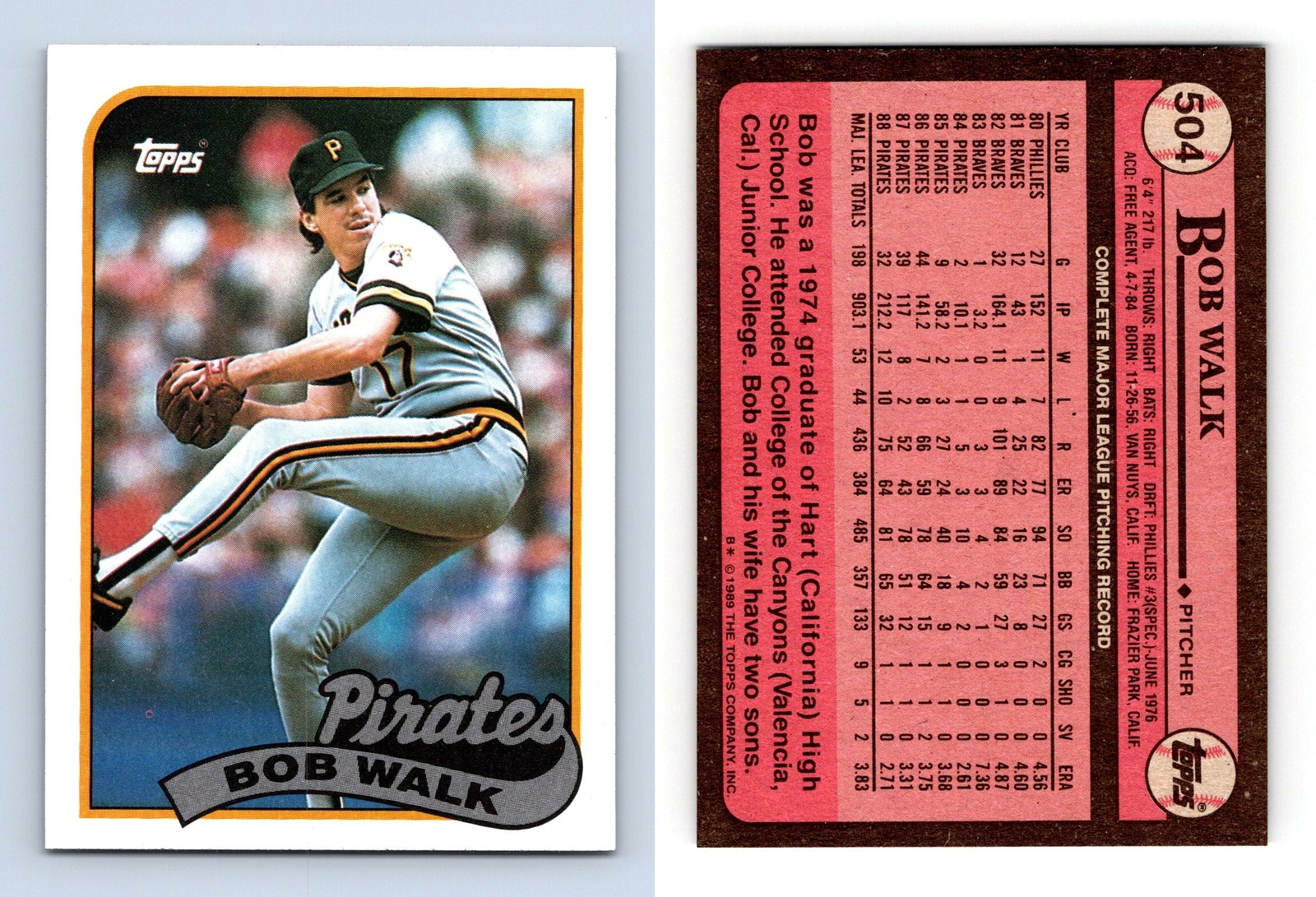Bob Walk - Pirates #504 Topps 1989 Baseball Trading Card | eBay