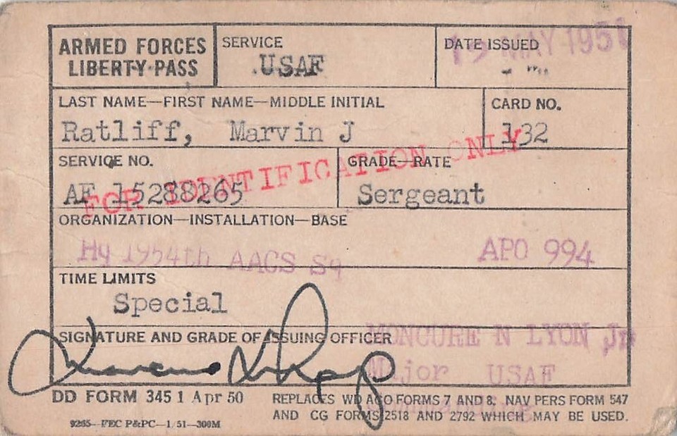 USAF Armed Forces Liberty Pass Military Pilot Marvin Ratliff 1951 APO ...