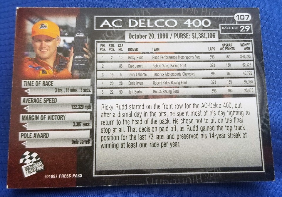 RICKY RUDD **AUTOGRAPHED** #5 TIDE ROCKINGHAM WIN PRESS PASS TRADING ...