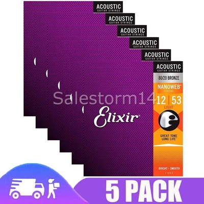 For Elixir Acoustic Guitar Strings Set 11052 Nanoweb 80/20 Bronze Light ...