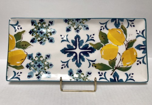 PAPART Hand Painted Ceramic 14” RECTANGLE Serving Tray Lemons/Blue ...