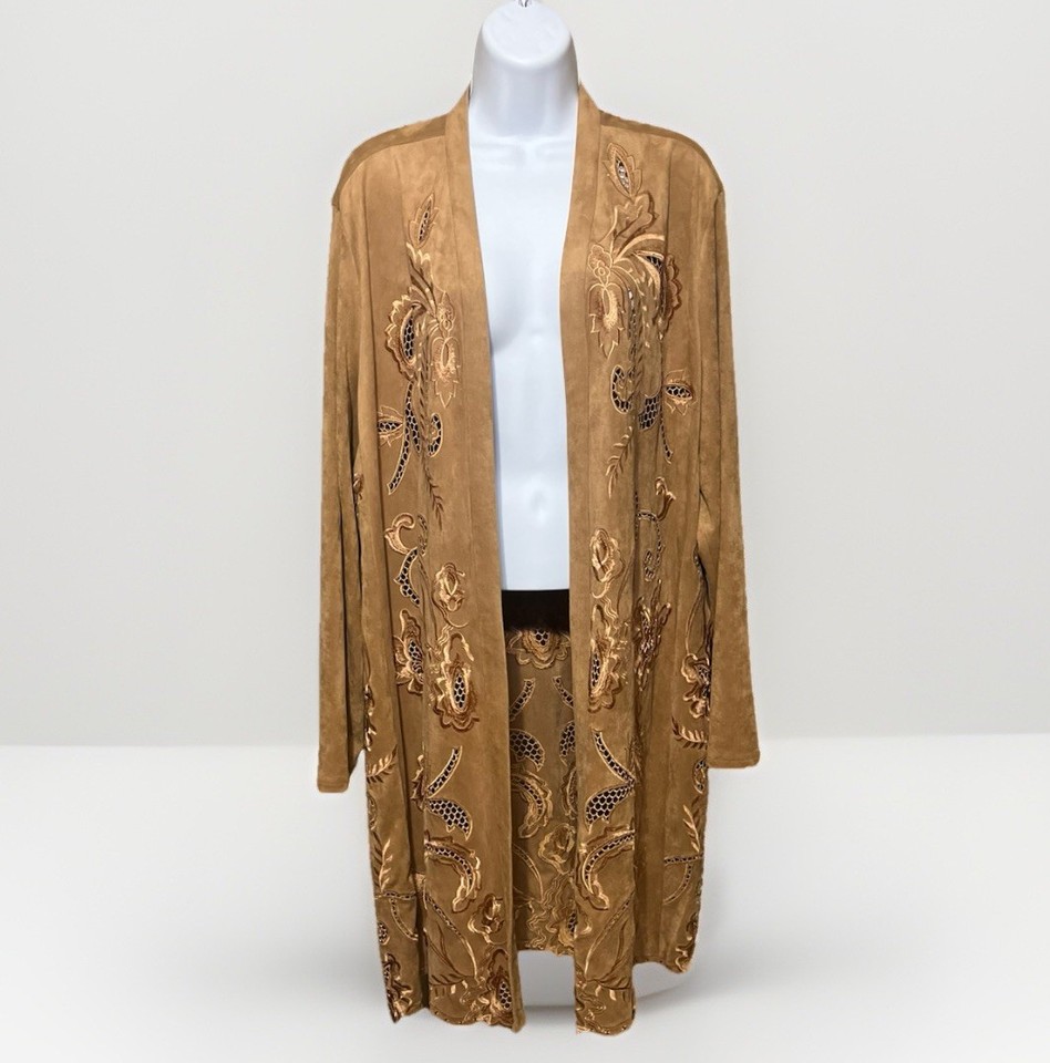 CHICO'S Faux Suede Floral Embroidered Kimono Cardigan Duster Long L/XL ...
