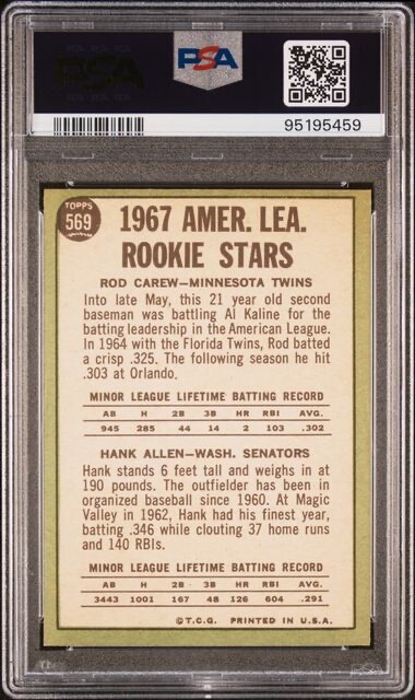 1967 TOPPS #569 AMERICAN LEAGUE ROOKIE STARS ROD CAREW HANK ALLEN PSA 7 ...