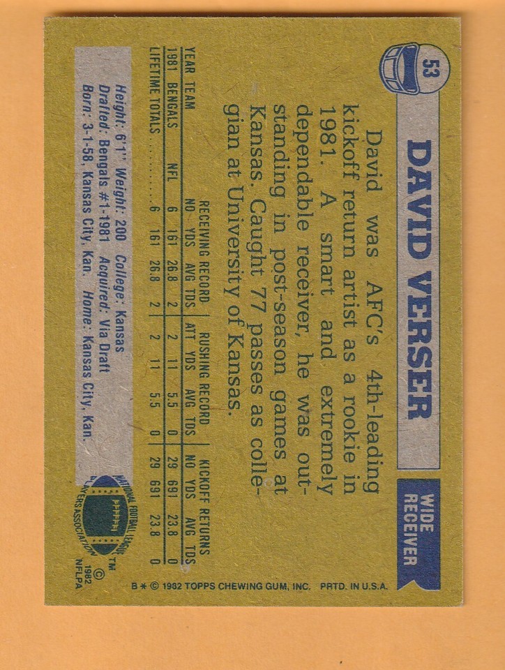 David Verser Cincinnati Bengals 1982 Topps #53 Kansas Jayhawks 2M | eBay