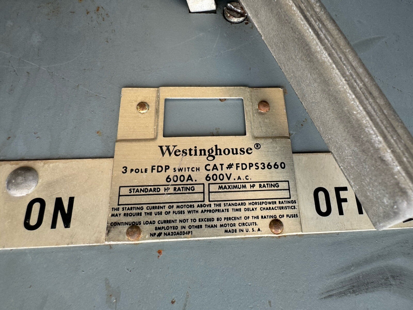 FDPS3660 Westinghouse 600 Amp 600V Fusible Panelboard Switch Hardware ...