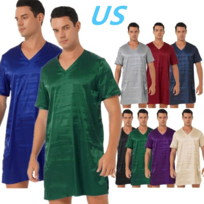 Mens Satin Nightshirt Side Split Nightgown Short Sleeve Pajamas ...