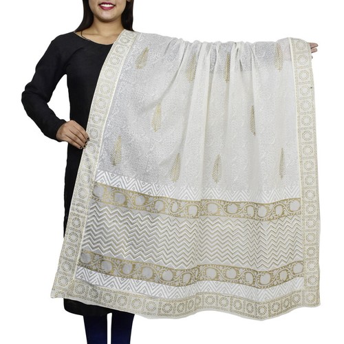 Indian Women Printed Cotton Long White Dupatta Scarves Indian Chunni ...