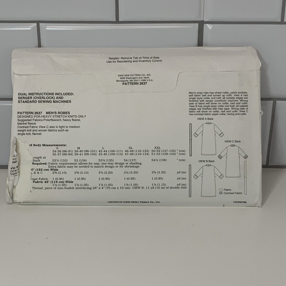 Kwik Sew Serge Pattern 2637 Men's Robe Sz S M L XL XXL Uncut ...