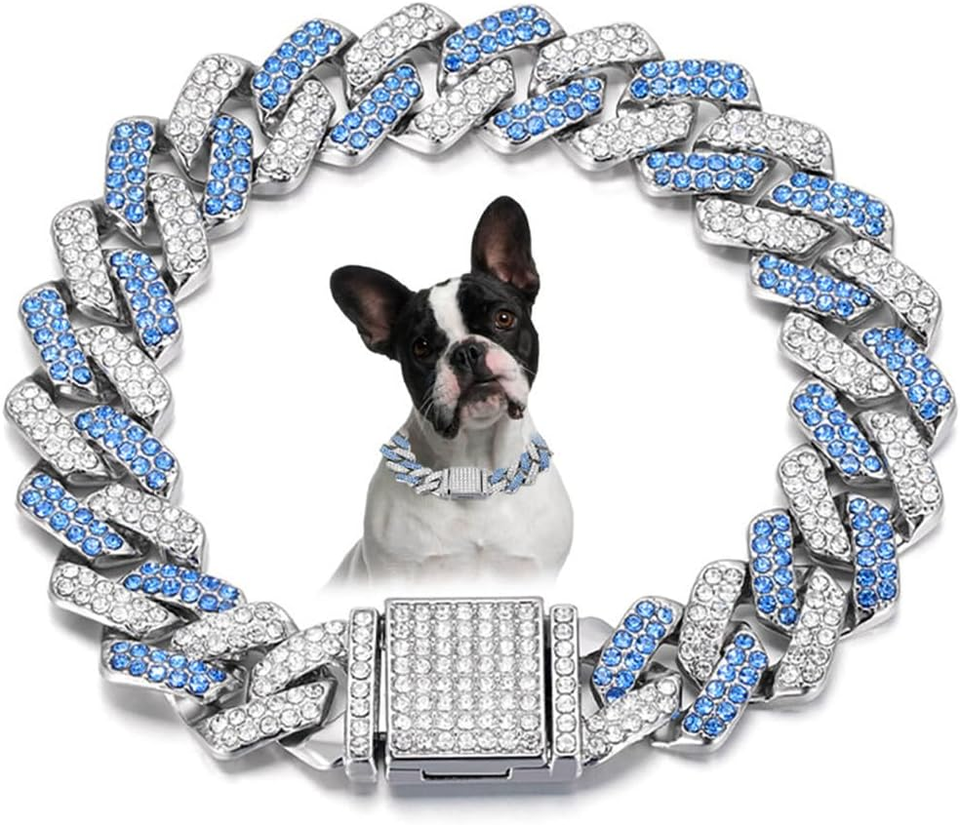 Diamond Dog Chain Necklace，Metal Cuban Link Dog Collar,15Mm Wide Bling ...