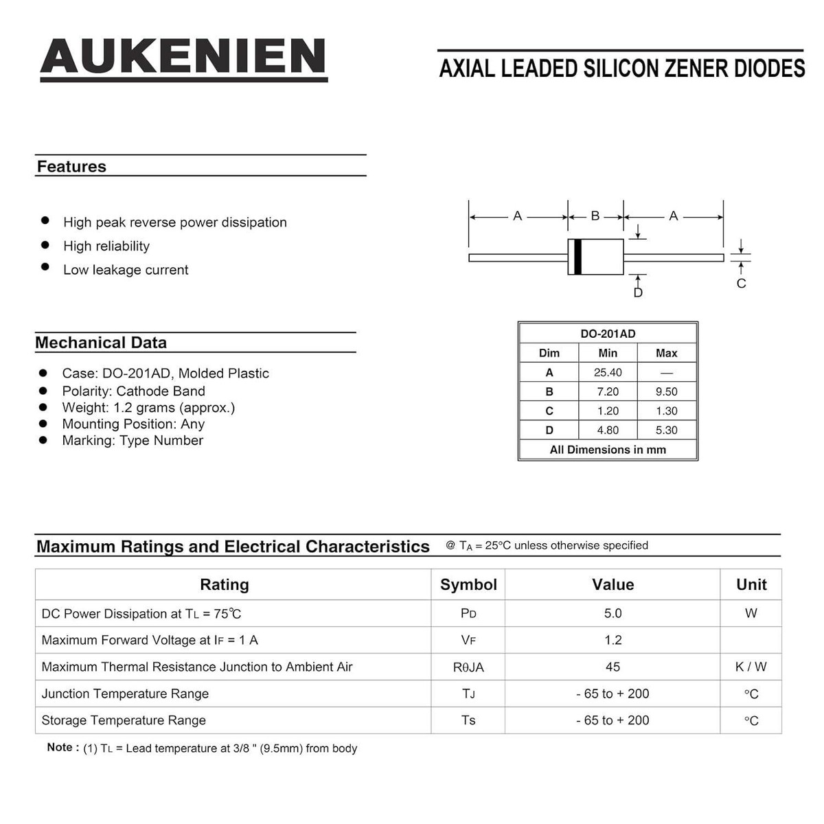 Zener Diode 35-Pack 1N5349B S - 5W 12V Axial Power Diodes (T-18 Package ...