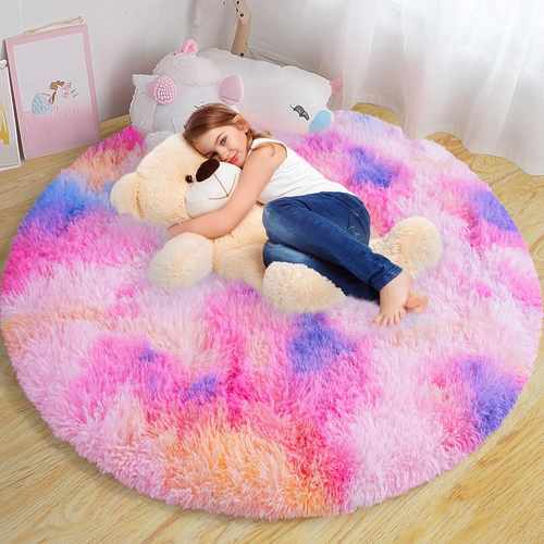 Fluffy round Rug 4Ft, Dark Rainbow Rugs for Bedroom, Shag Fuzzy round ...