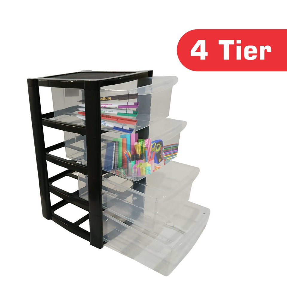 3 Tier & 4 Tier Plastic Storage Drawers Shelf Rack Home Kitchen Stand ...