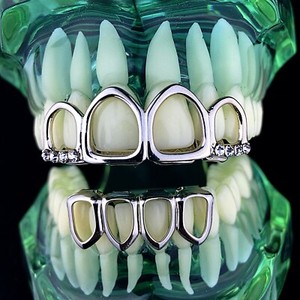 Grillz Set Four Full Open Face Tooth Silver Tone Top & Bottom Teeth ...