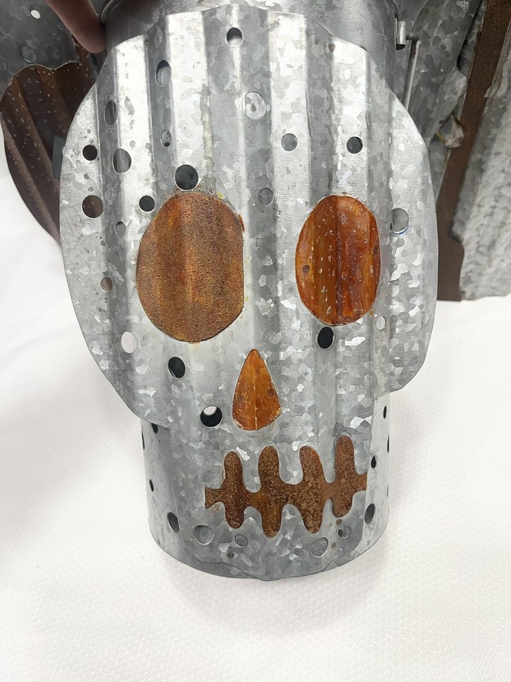 Mud Pie Halloween Rustic Tin Decorative Pumpkin Skeleton & Witch Pillar ...