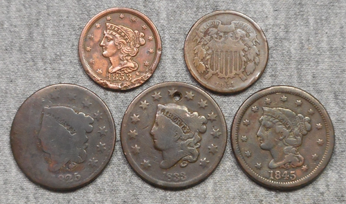 Lot Of 5 US Copper Coins - Half Cent, (3) Large Cents & Two Cents Coin ...