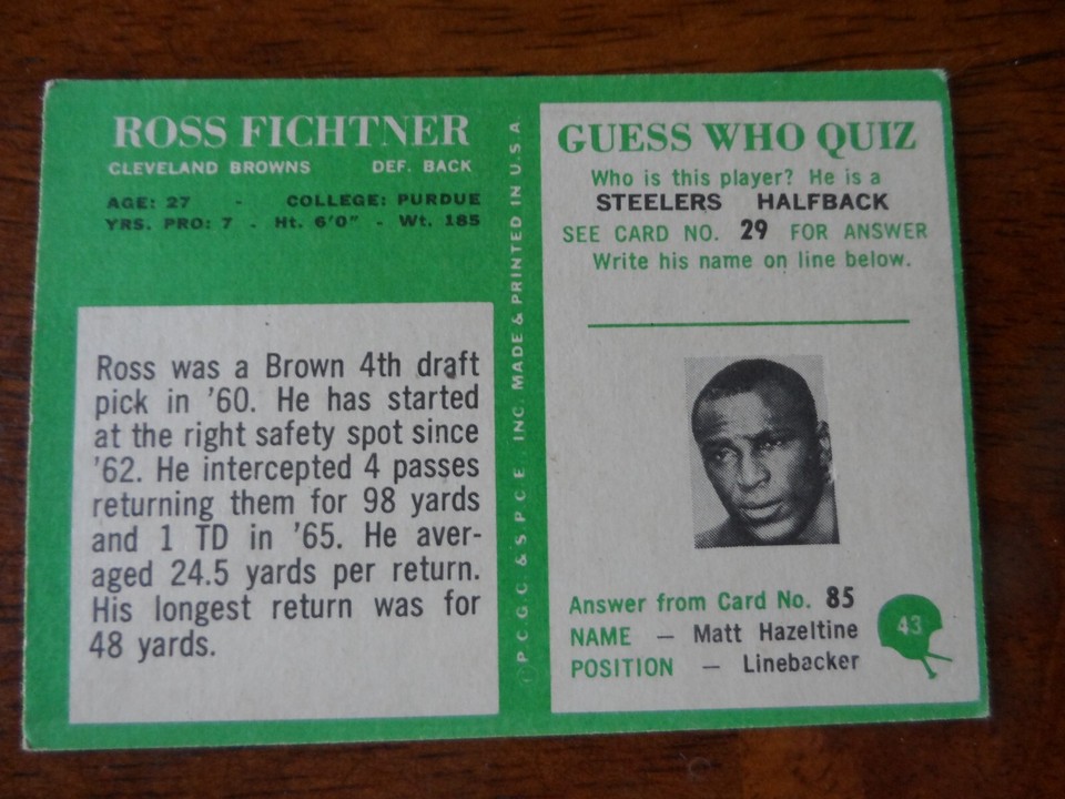1966 PHILADELPHIA FOOTBALL #42 ROSS FICHTNER CLEVELAND BROWNS VG/EX A ...