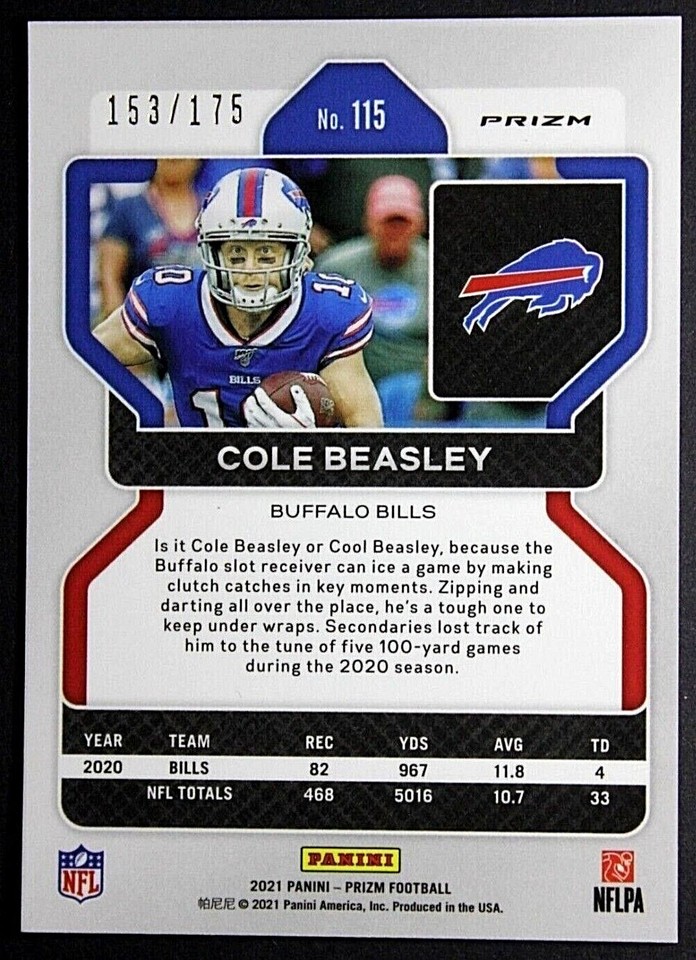 2021 Panini Prizm Cole Beasley Green Hyper Prizm 153 /175 Buffalo Bills ...
