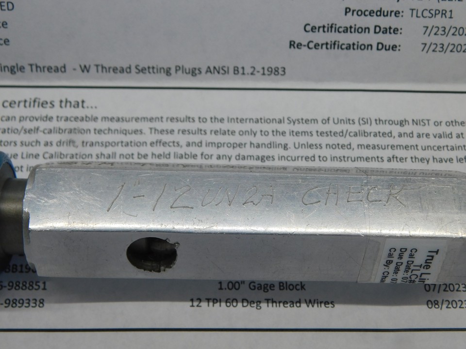 CERTIFIED 1" 12 UN 2A SET THREAD PLUG GAGE 1.0 1.00 1.000 GO ONLY P.D ...