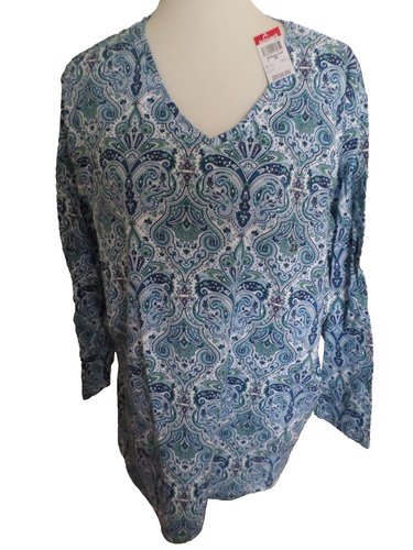 NEW NWT Ladies Size 2X K Mart Sears Basic Editions Blue Paisley L/S Cotton Top | eBay