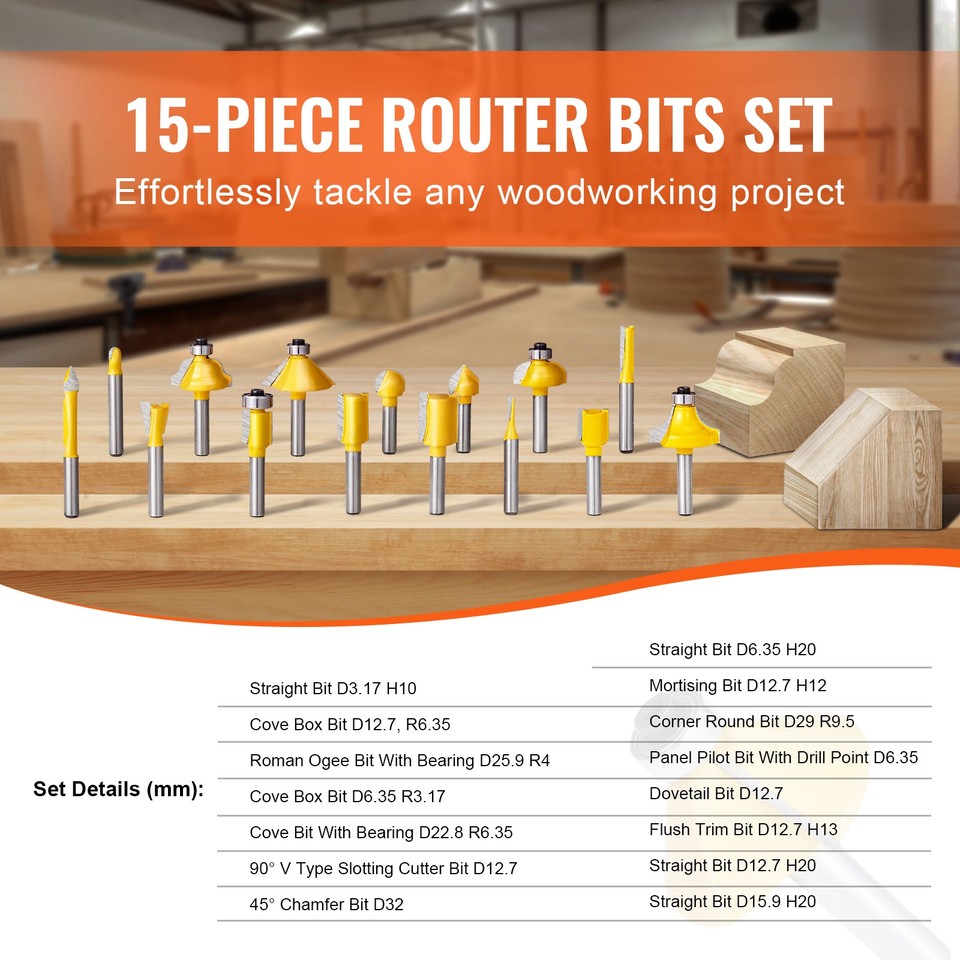 Router Bits Set 15 Pieces Carbide Router Bit 1/4 Inch Shank Carrying ...