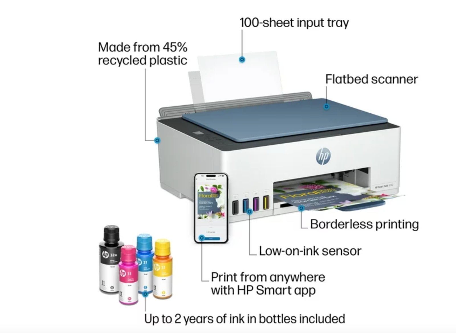 HP Smart Tank 5102 Wireless All-in-One Color Home Inkjet Tank Printer ...