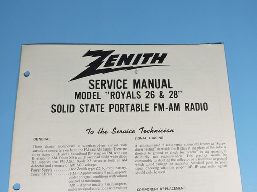 Zenith Models Royal 26 & 28 Solid State Portable FM - AM Radio Service ...