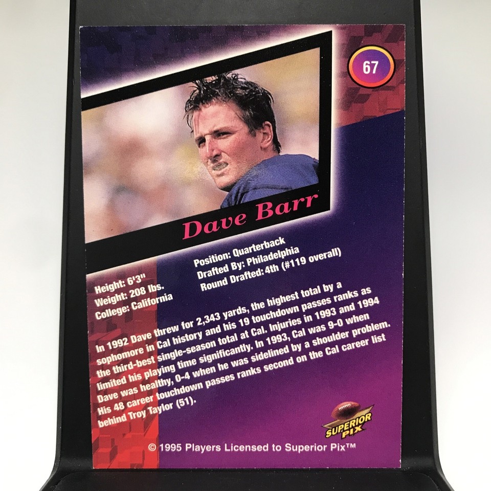 1995 Superior Pix Dave Barr #67 Rookie RC Eagles / California Golden ...