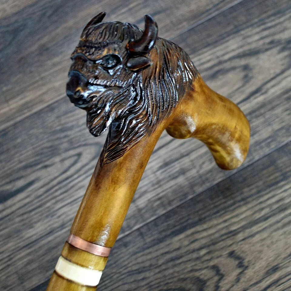 Walking Stick Cane Wooden Walking Cane Handmade Hand Carving Bison ...