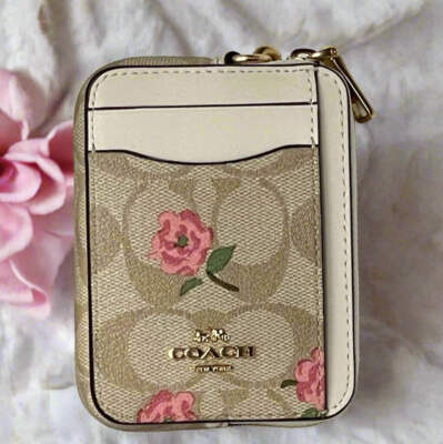 Coach Zip Card Case Pink Floral CR971 ID Wallet Beige Canvas Leather ...