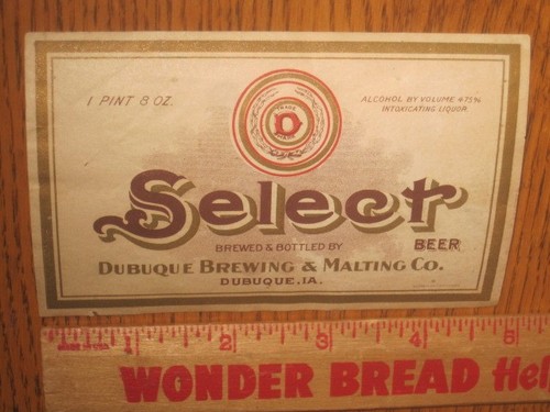 Pre Pro Beer Label Dubuque Iowa Brewing & Malt "Select" 24 Oz -NOT in ...