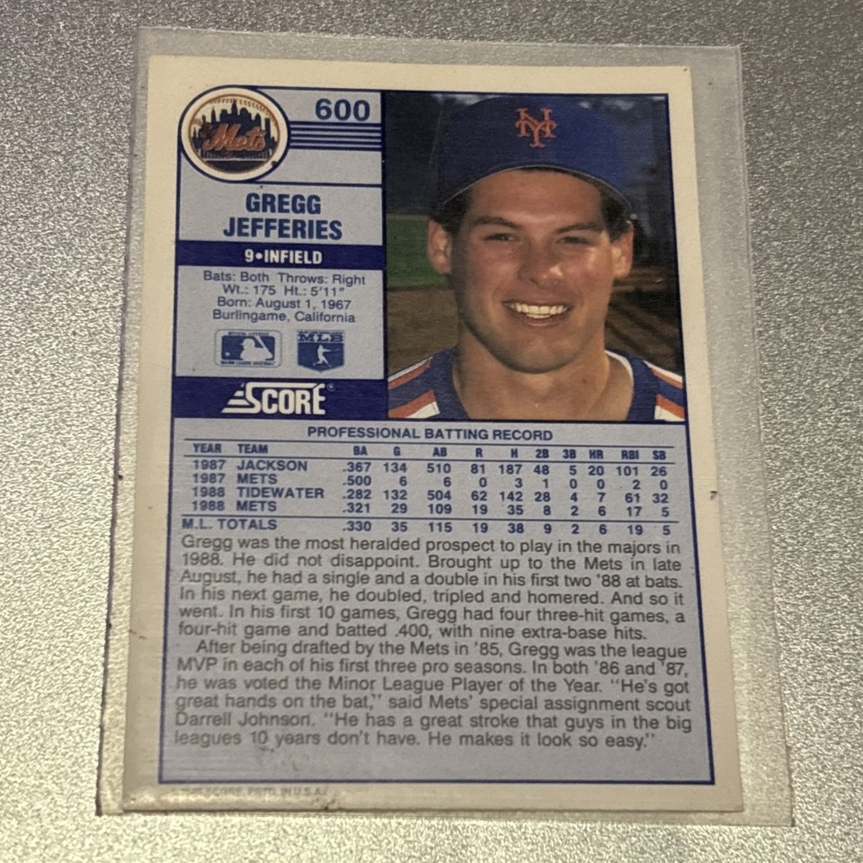 1989 Score Gregg Jefferies Baseball Rookie Card (RC) #600 Mets IF NM | eBay