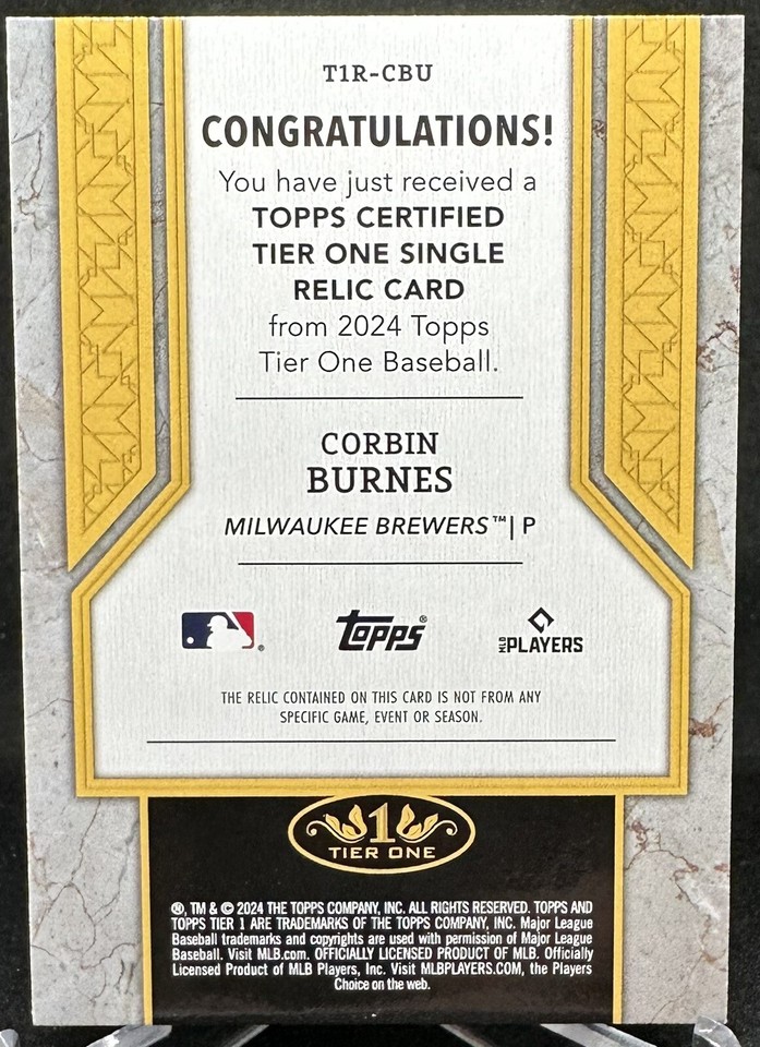 Corbin Burnes 2024 Topps Tier One Baseball Tier One Relic /199 #T1R-CBU ...