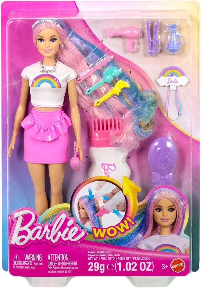Barbie Rainbow Sparkle Hair Doll, Extra-Long and Colorful Hair with 12 ...