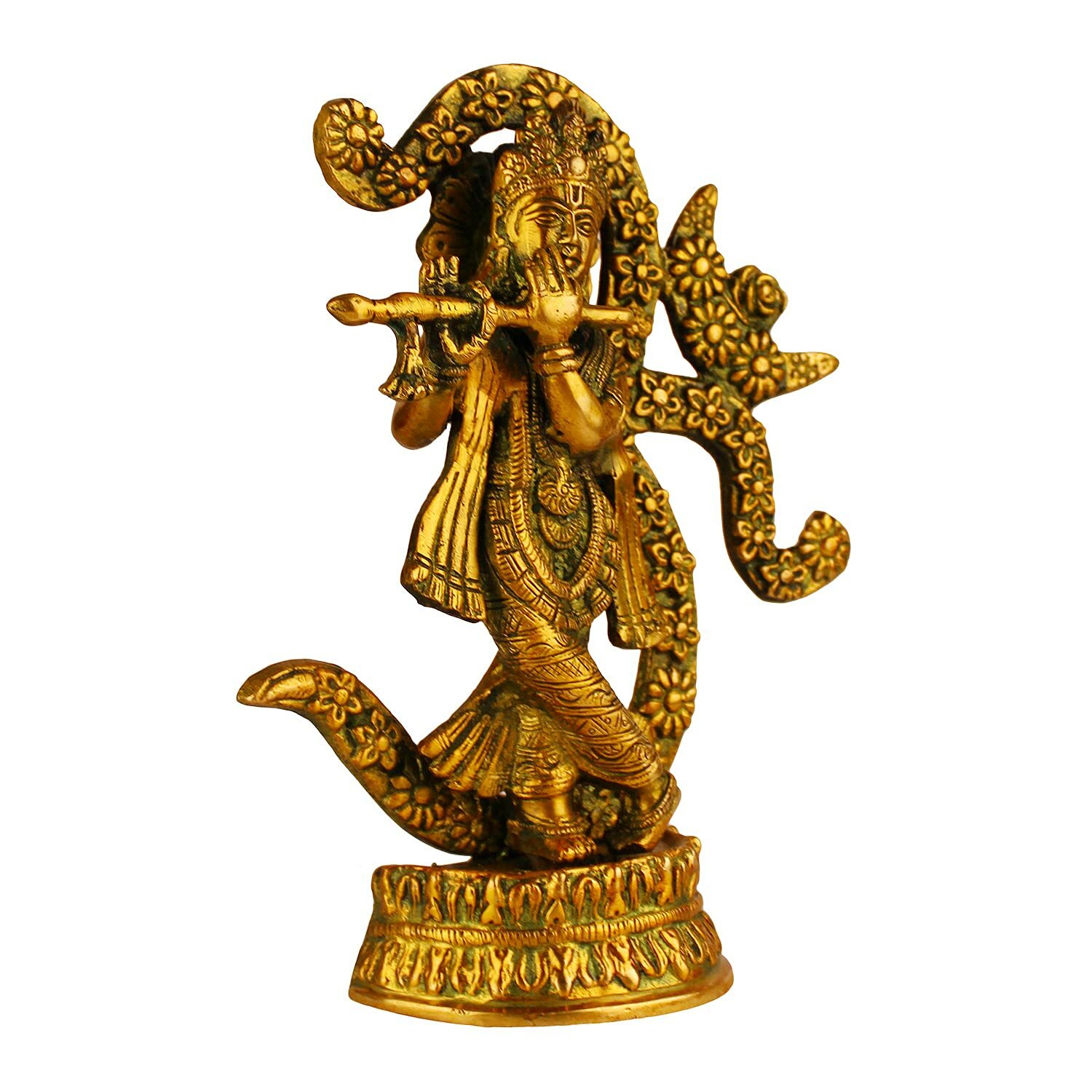 Brass Lord Krishna Playing Flute with OM on Pedestal Statue Figurine 8 ...