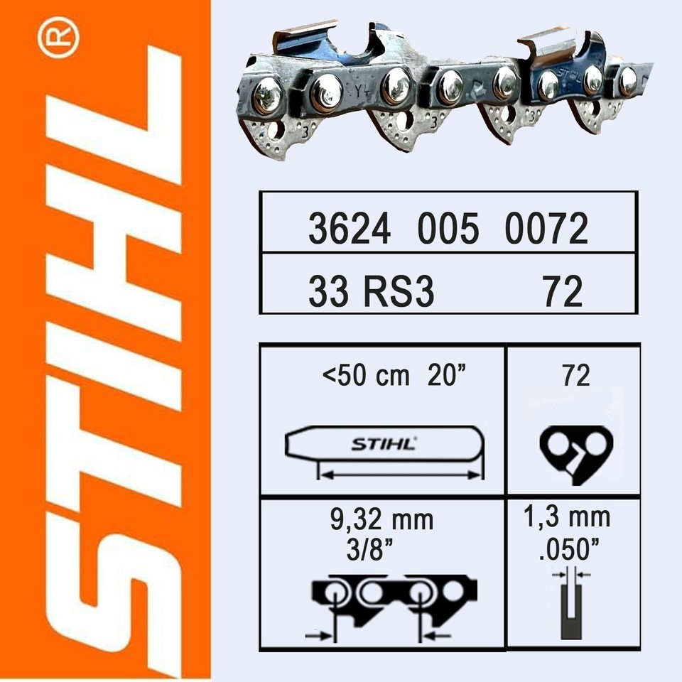 33RS3 72 DL STIHL 3/8″ 1.3 mm Chain for 20"/50 cm Bar OEM 3624 005 0072 ...