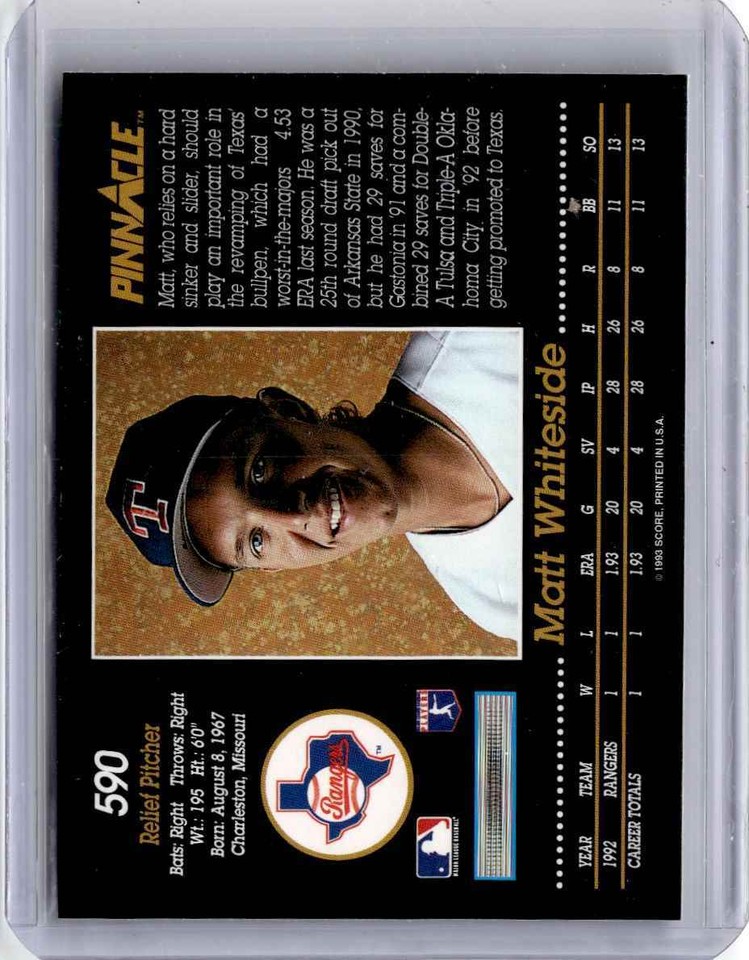 1993 Pinnacle Matt Whiteside Rookie Baseball Card Texas Rangers #590 | eBay
