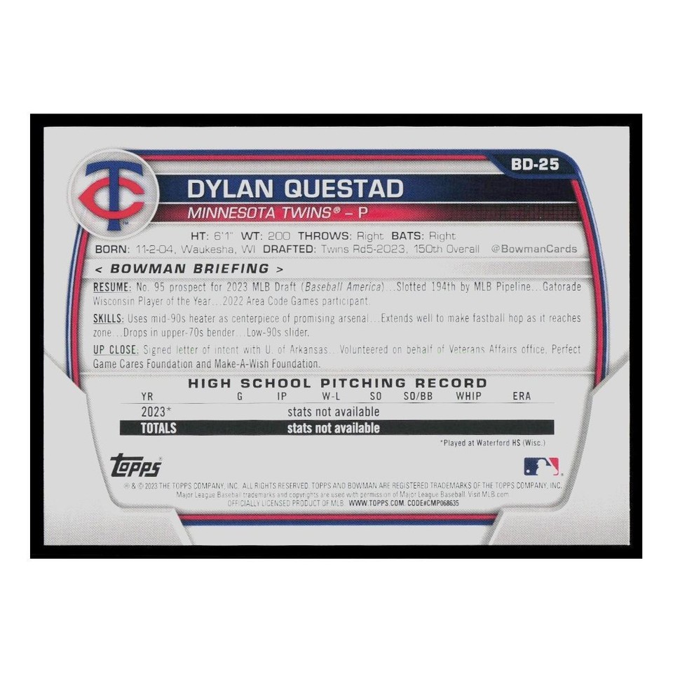 2023 Bowman Draft #BD-25 Dylan Questad Rookie Minnesota Twins Baseball ...