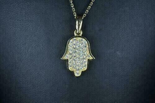 0.40Ct Round Cut Lab Created Diamond Hamsa Hand Pendant 14k Yellow Gold ...