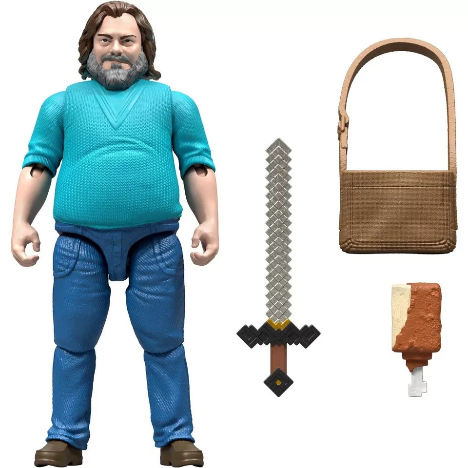 Minecraft Movie STEVE Jack Black w Iron Sword Satchel & Chicken Leg 4 ...