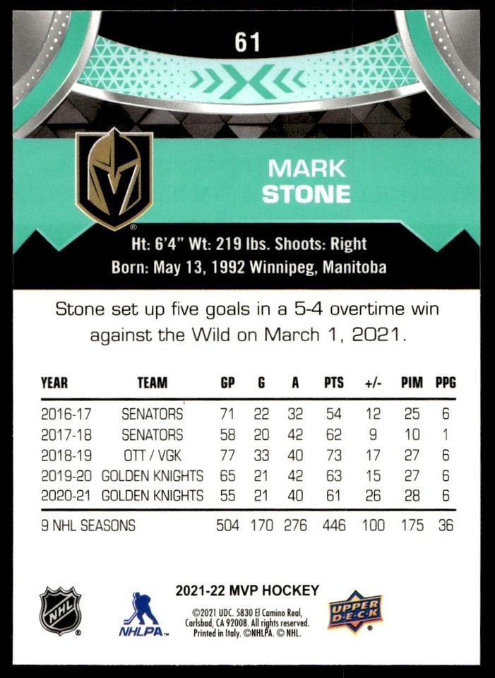 2021-22 Upper Deck MVP Mark Stone Vegas Golden Knights #61 | eBay