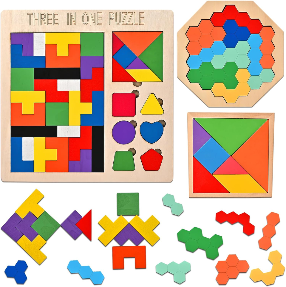 3 Pcs Wooden Blocks Puzzles, 3-In-1 Russian Blocks+Octagon Puzzle ...