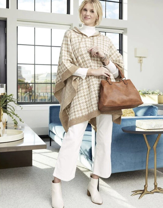 Coco + Carmen Brina Hooded Drawstring Pullover Knit Poncho Carmel Cream One Size | eBay