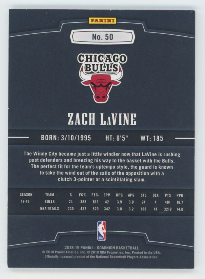 Zach LaVine 2018-19 Panini Dominion /75 #50 Chicago Bulls | eBay