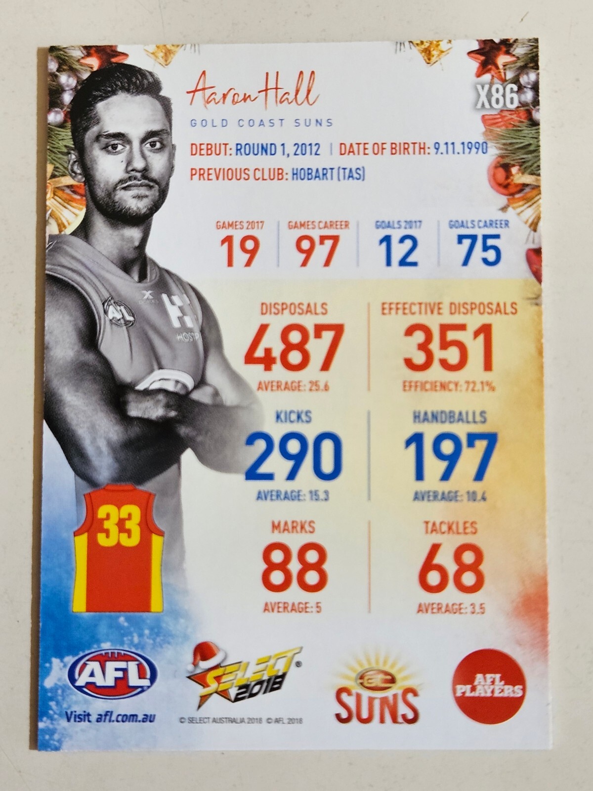 2018 AFL SELECT XMAS HOLOFOIL BASE CARD X86 AARON HALL GOLD COAST SUNS ...