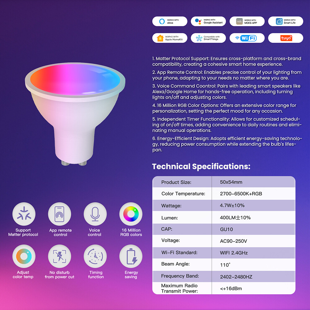 5# WiFi 4.7W GU10 Smart LED Bulb Voice Control RGBCW Color for Alexa ...