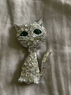 Vintage Pell Silver Color Cat Brooch Pin with Green Eyes | eBay