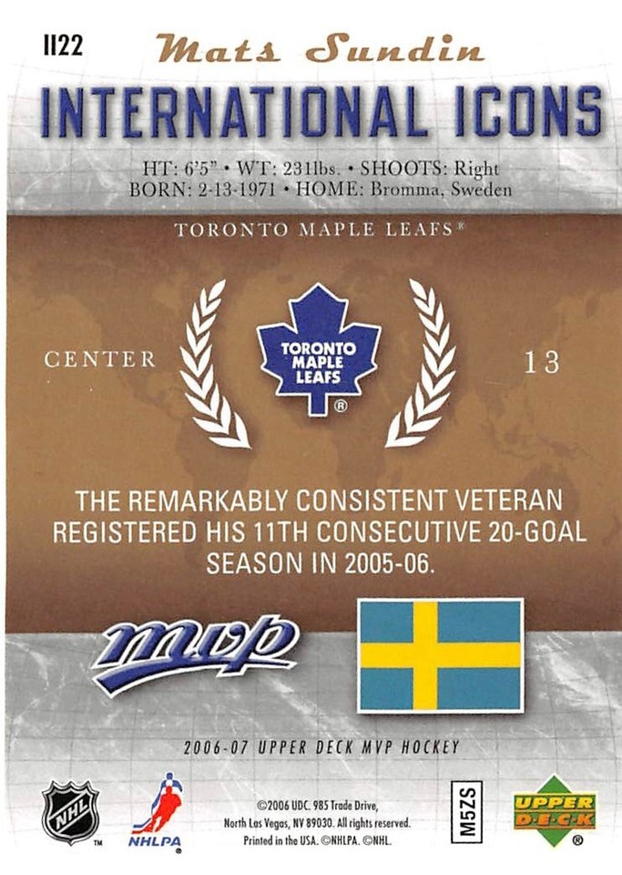 2006-07 Upper Deck MVP International Icons #II22 Mats Sundin | eBay